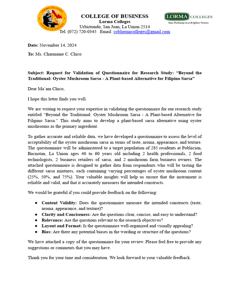 Validation Request for Oyster Mushroom Sarsa Questionnaire | PDF ...