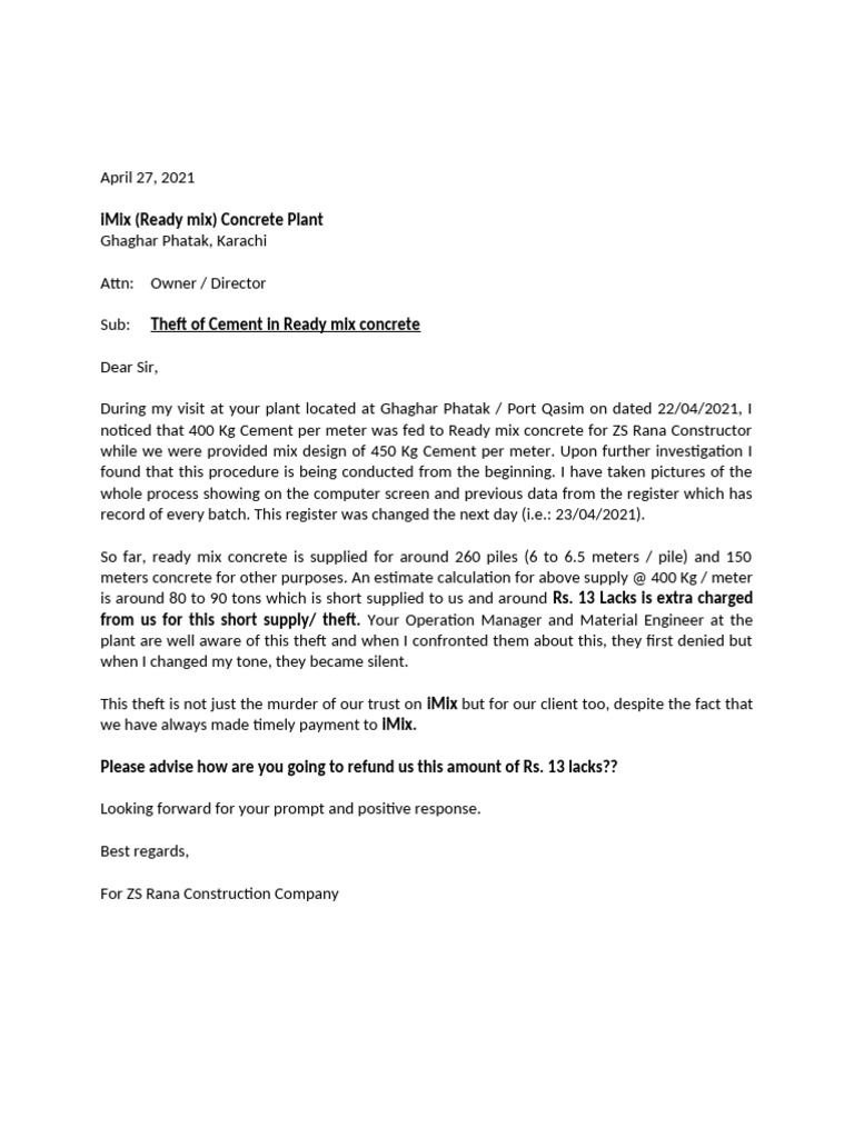 Letter - Imix Concrete For Cement Theft | PDF