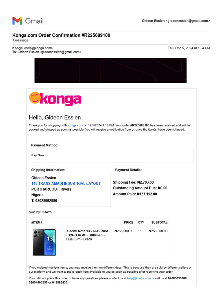 Gmail - Konga - Com Order Confirmation #R225689100 | PDF | Service Industries