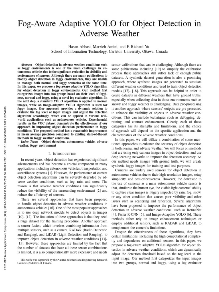 Fog-Aware Adaptive YOLO For Object Detection in Adverse Weather | PDF | Lidar | Radar