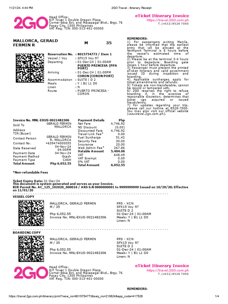 2GO Travel Itinerary & Reminders | PDF
