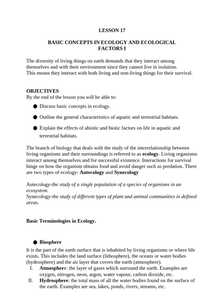 Lesson 17 Basic Concepts in Ecology and Ecological | PDF | Carbon ...