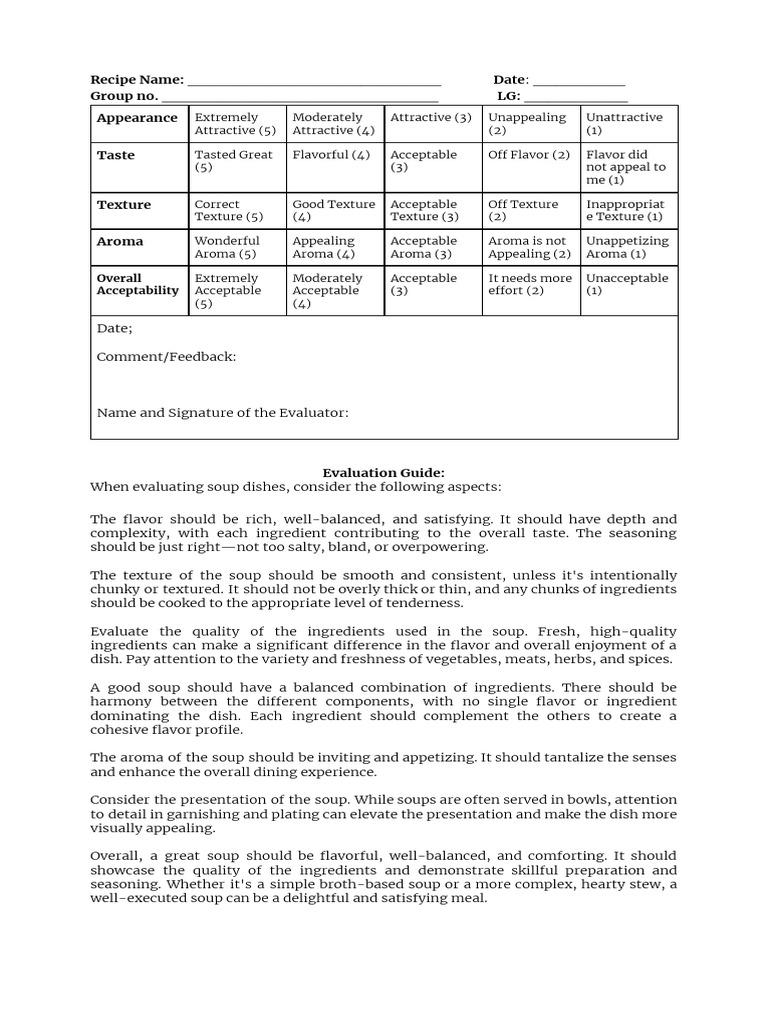 Sensory Evaluation Form for Task 5 | PDF | Soup | Taste