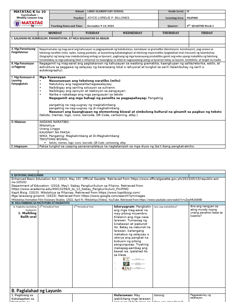 DLL - Filipino 4 - Q3 W1 Final | PDF