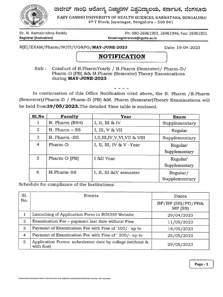 Notification and Time Table Conduct of B.pharm Yr Semester Pharm.D ...