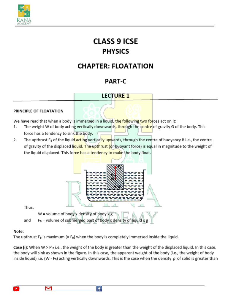 CLASS 9 ICSE -UPTHRUST IN FLUIDS, ARCHIMEDES PRINCIPLE AND FLOATATION-PART C- FLOATATION ...