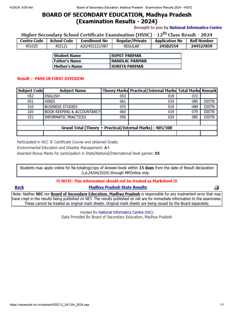 MP HSSC 12th Result 2024 Details | PDF | Secondary Education | Educational Stages