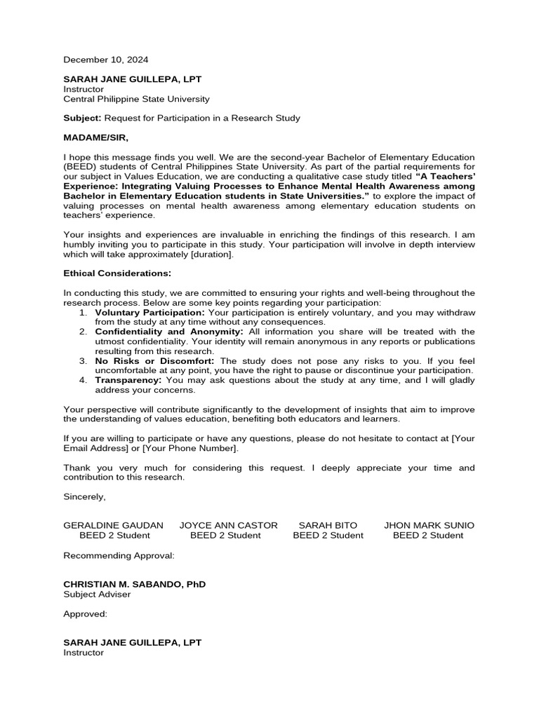 Letter To Conduct and Questionnaire Final | PDF | Teachers