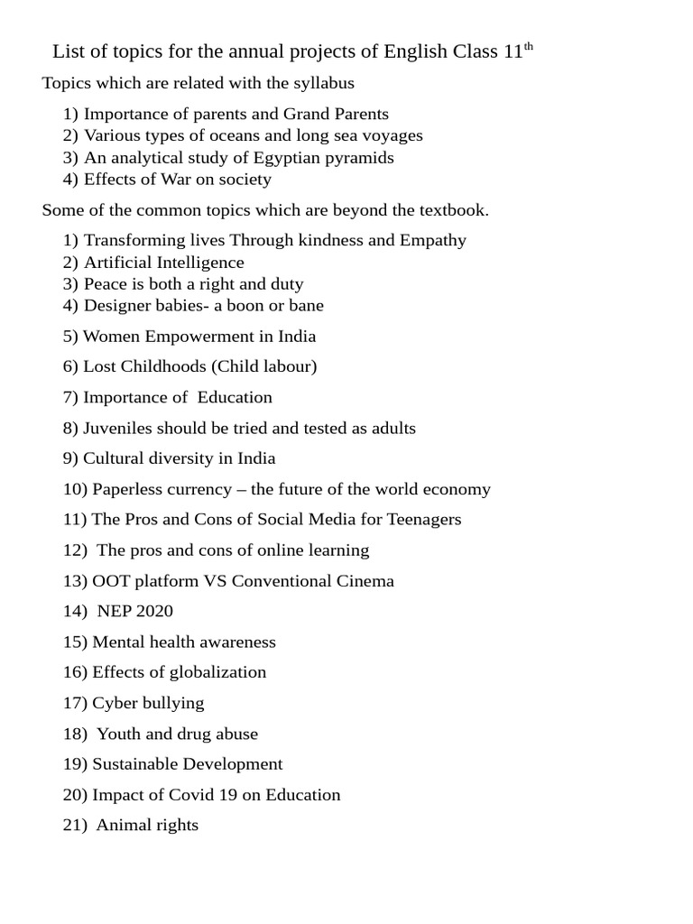 Topics List For Projects English Class11th | PDF
