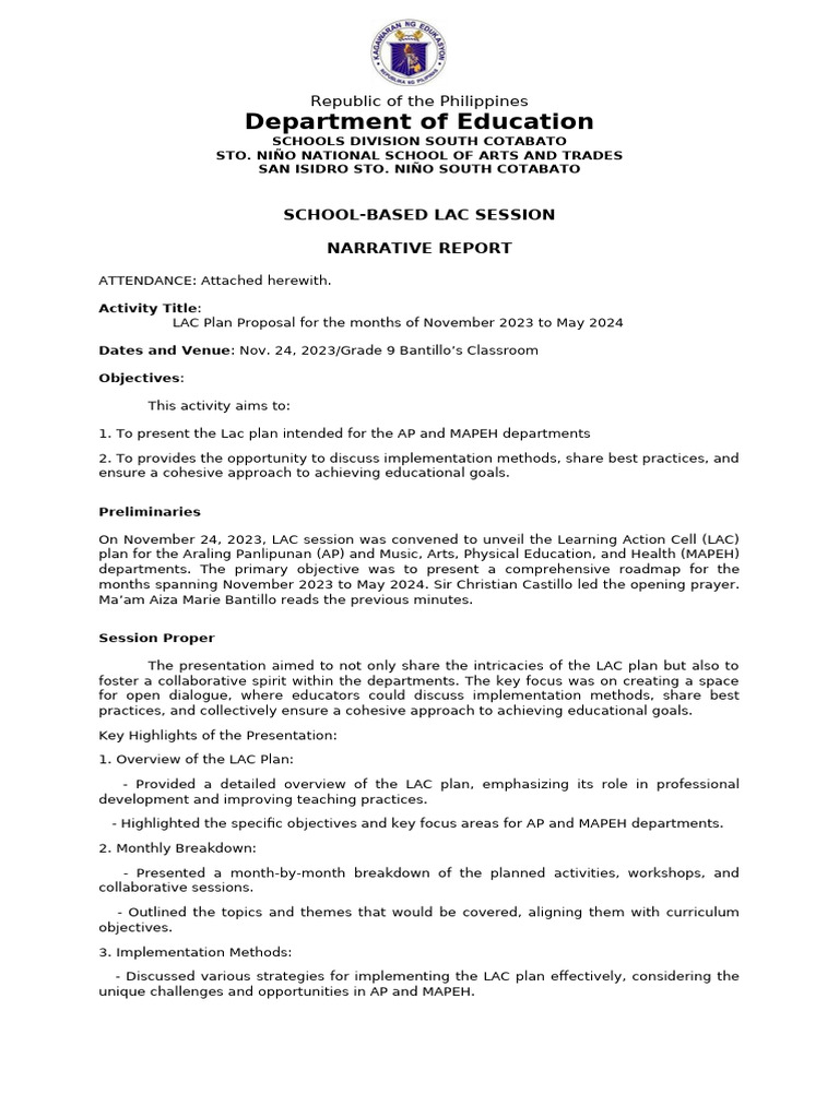 LAC SESSION NARRATIVE REPORT AND ATTENDANCE MOVs | PDF | Teachers ...