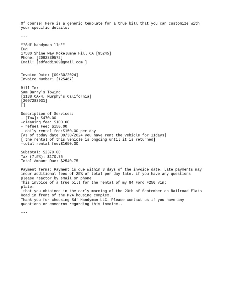 True Bill Template for Rental Car | PDF