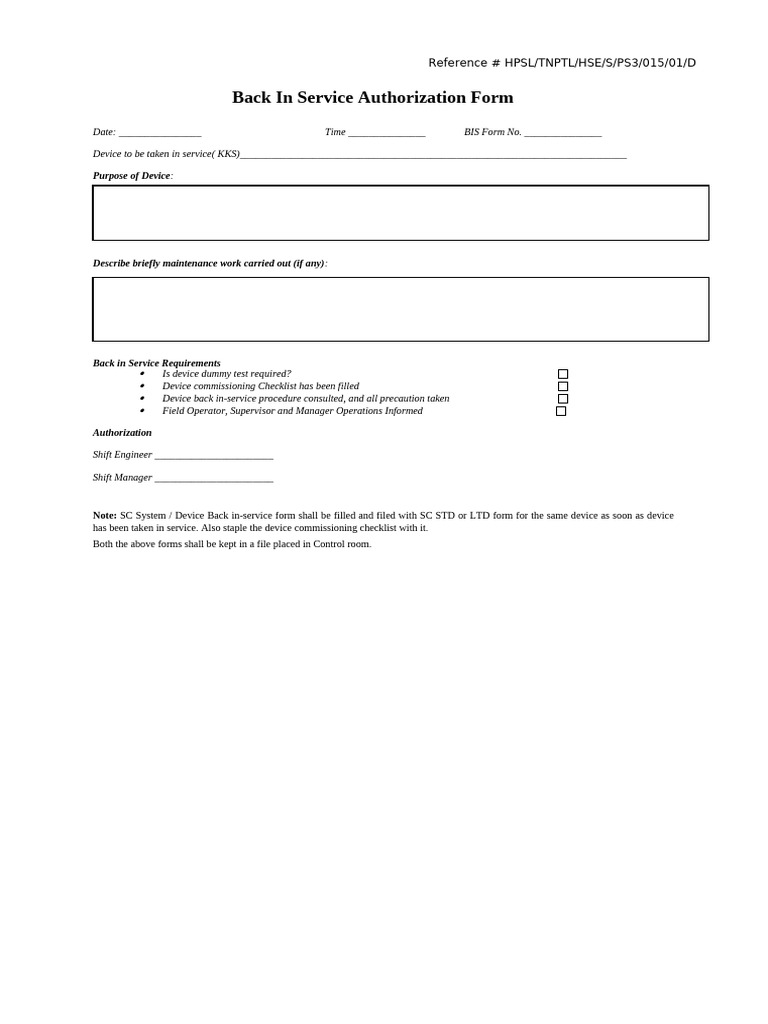 Back in Service Forms PS3 015 01 D | PDF