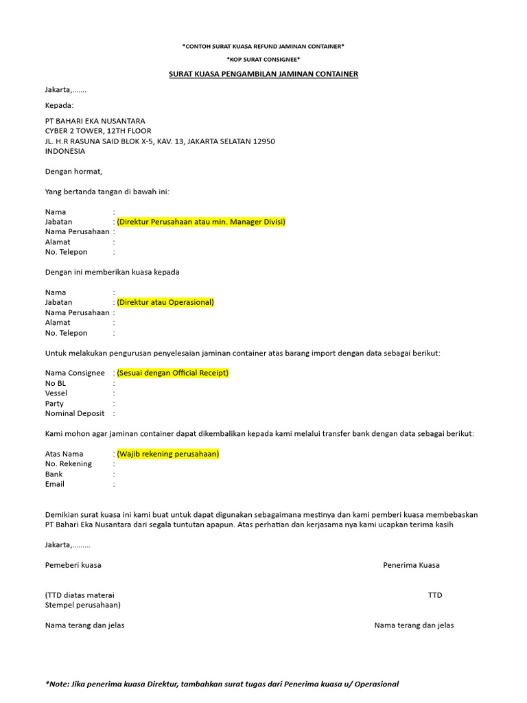CONTOH SURAT KUASA REFUND JAMINAN CONTAINER | PDF