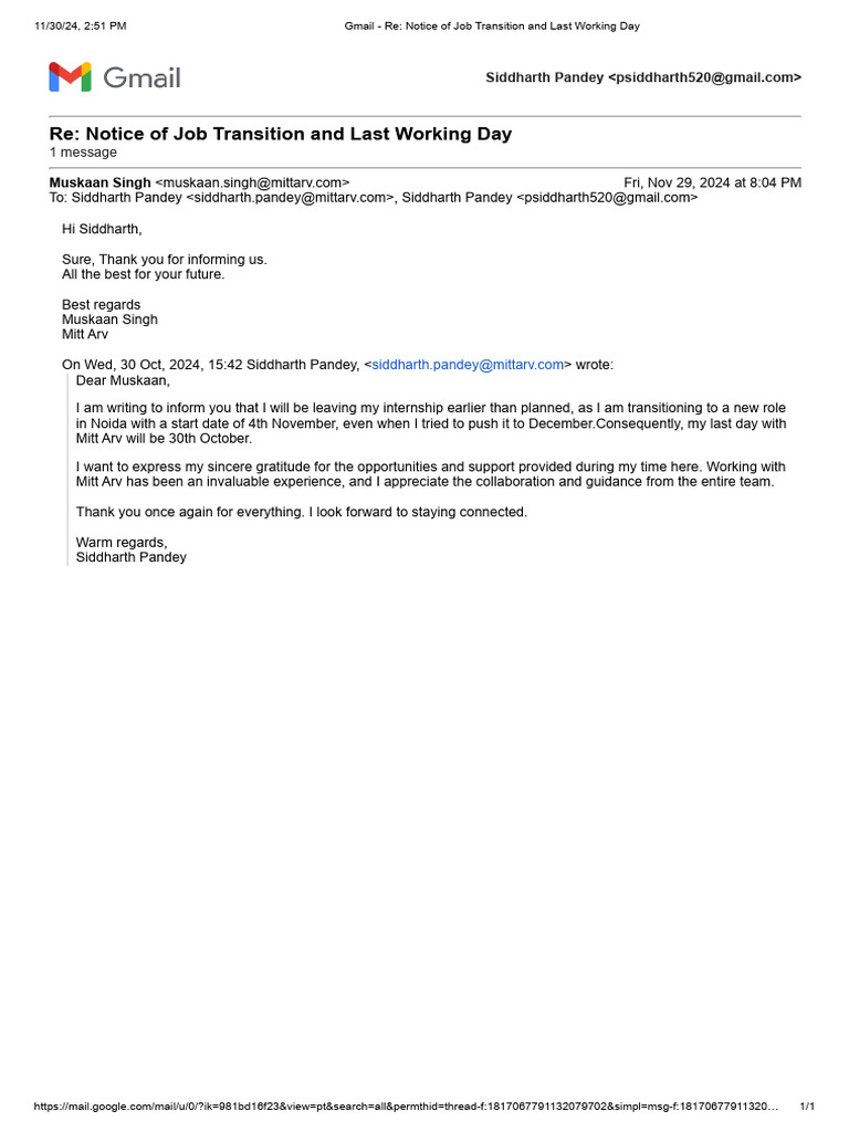 Gmail - Re - Notice of Job Transition and Last Working Day | PDF