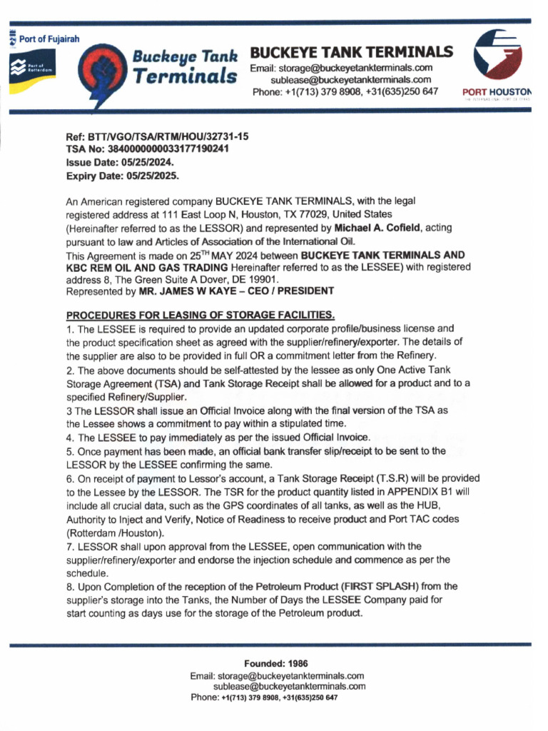 Finalized Tsa Between Buckeye Tank Terminals - and KBC Rem Oil and Gas ...