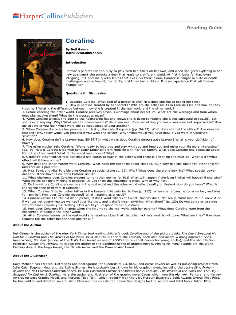 Coraline Reading Guide and Discussion Questions | PDF