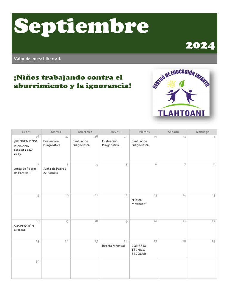 CALENDARIO SEPTIEMBRE-kinder | PDF