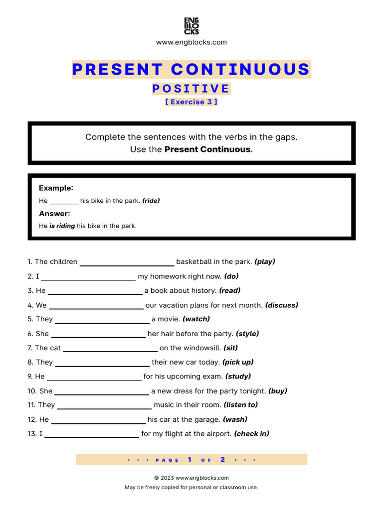 Present Continuous Positive Exercise 3 | PDF | Linguistics | Grammar