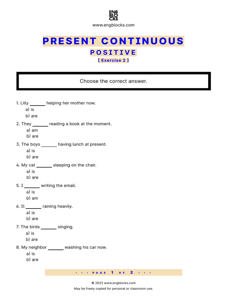 Present Continuous Positive Exercise 2 | PDF