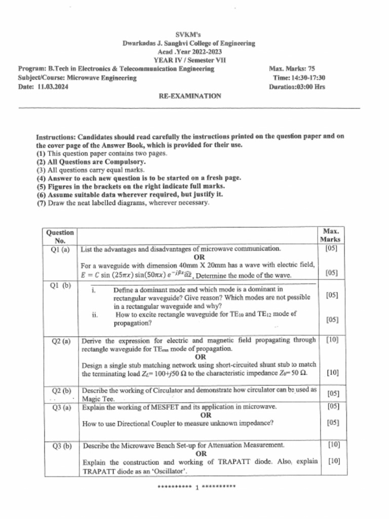 Microwave Engineering - QP-EXTC 2022-23 & 2023-24 | PDF