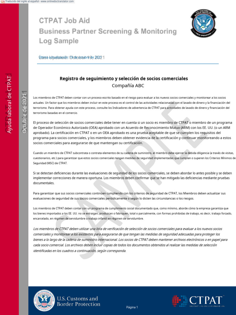 CTPAT Job Aid - Business Partner Screening Monitoring Log Sample ...