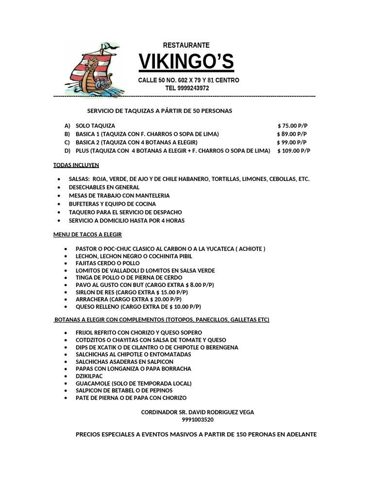 Taquizas y Menús Especiales Vikingo’s | PDF | Cocina latinoamericana ...