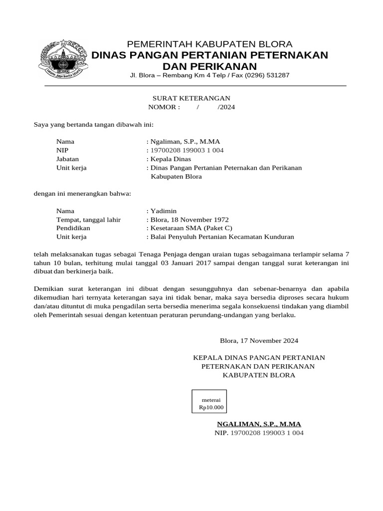 Format Surat Keterangan Pengalaman Kerja PPPK Tahun 2024 | PDF