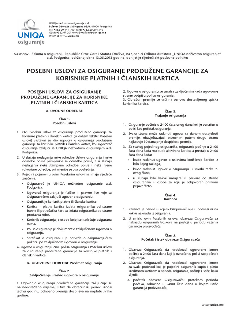 Uniqa Posebni Uslovi Za Osiguranje Produzene Garancije | PDF