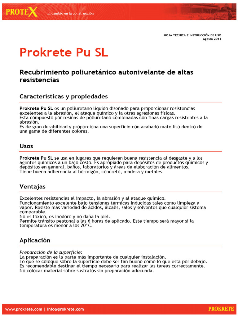 Hoja Técnica de Producto Prokrete PU Autonivelante SL | PDF | Hormigón ...