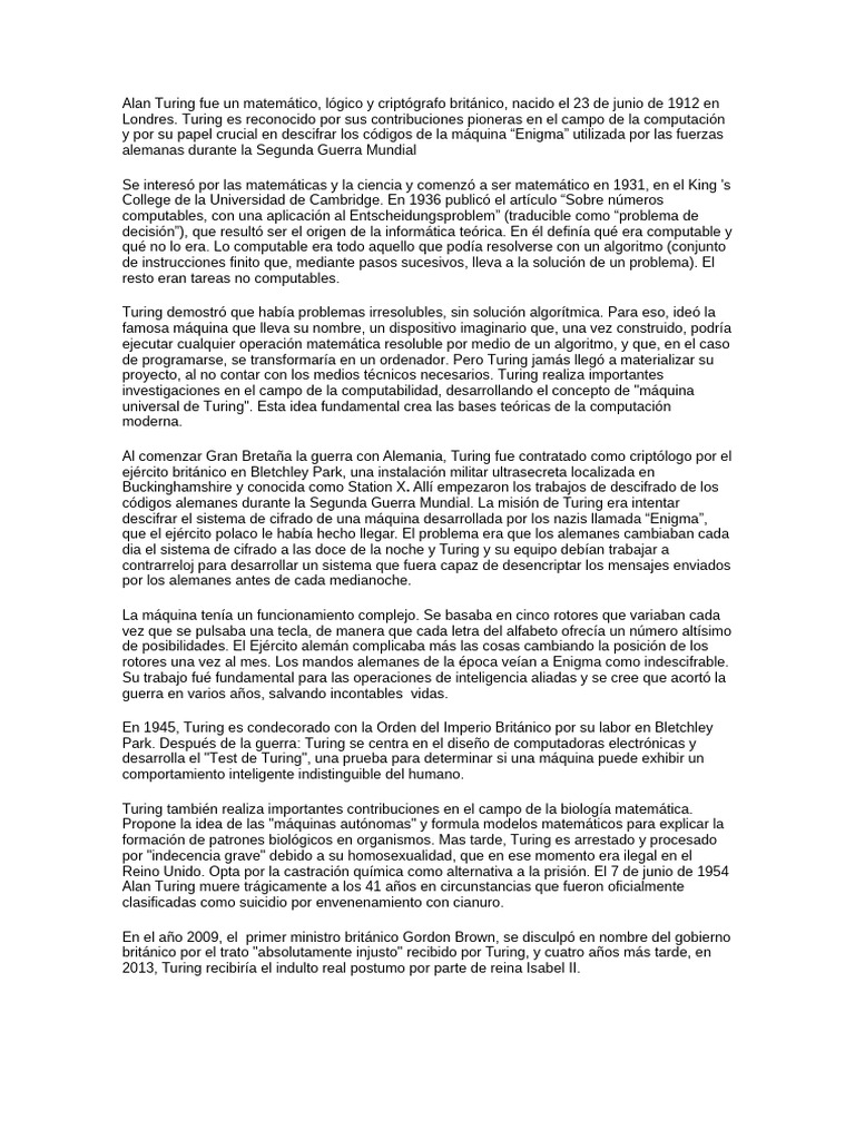 Biografía de Alan Turing: Pionero de la Computación | PDF | Alan Turing ...