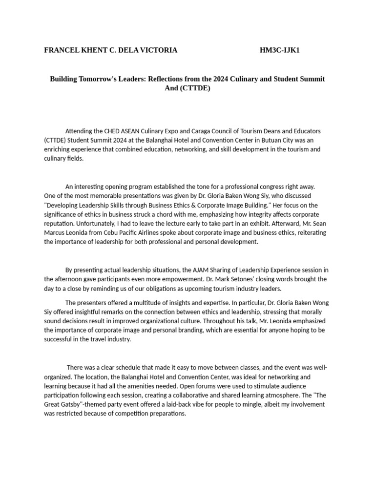Reflections From The 2024 Culinary and Student Summit and (CTTDE) | PDF | Leadership | Applied ...