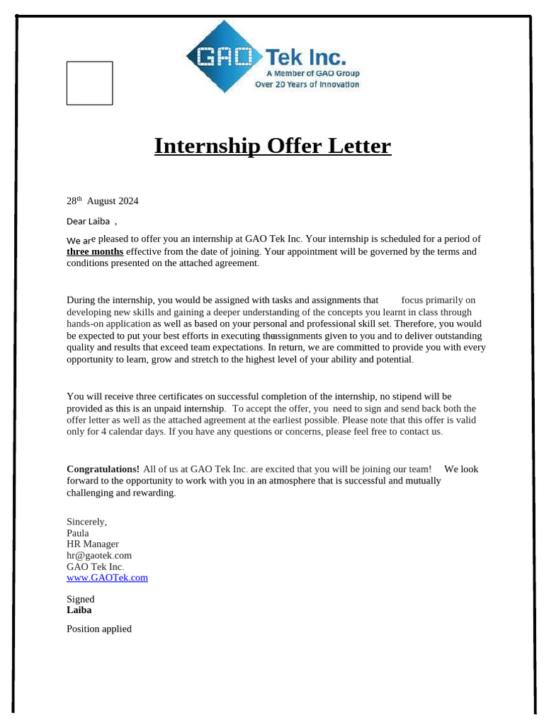 Internship Offer Letter | PDF
