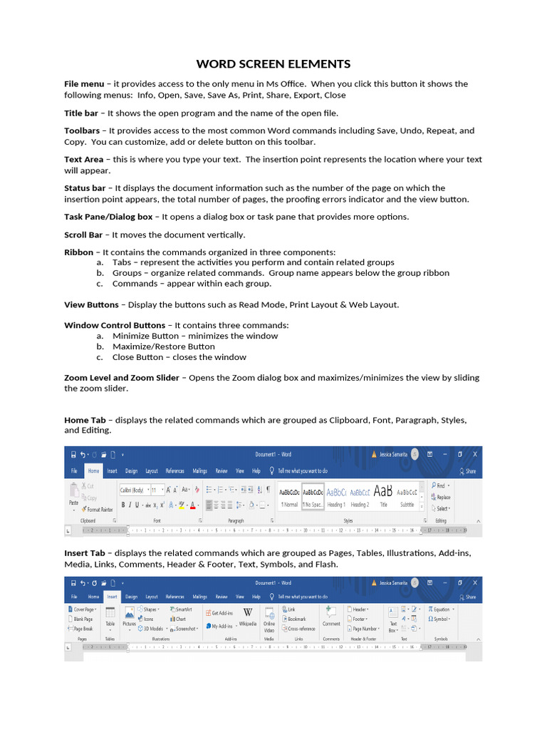 Microsoft Word Screen Elements Guide | PDF | Window (Computing ...