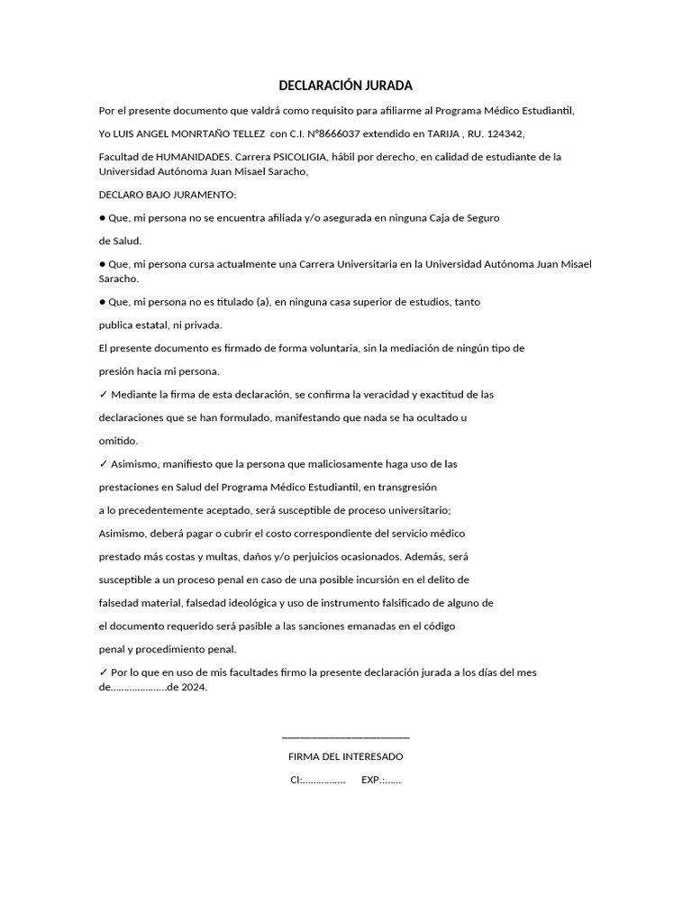 Declaración Jurada Seguro | PDF