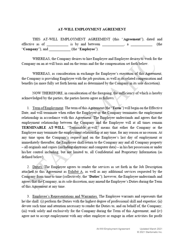 At-Will Employment Agreement Template | PDF | Employment | Intellectual ...