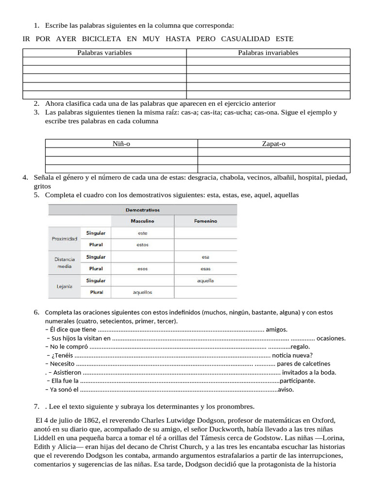 Clases de Palabras Ejercicios | PDF | Las aventuras de Alicia en el ...