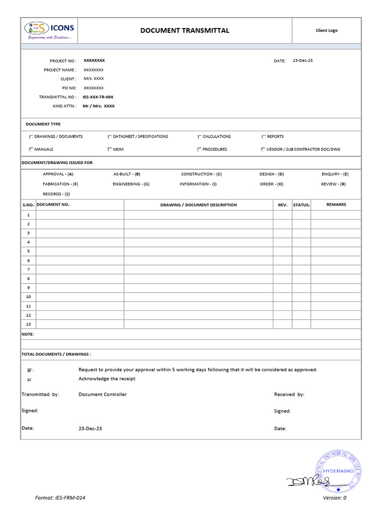 13. IES-FRM-014_Document Transmittal | PDF