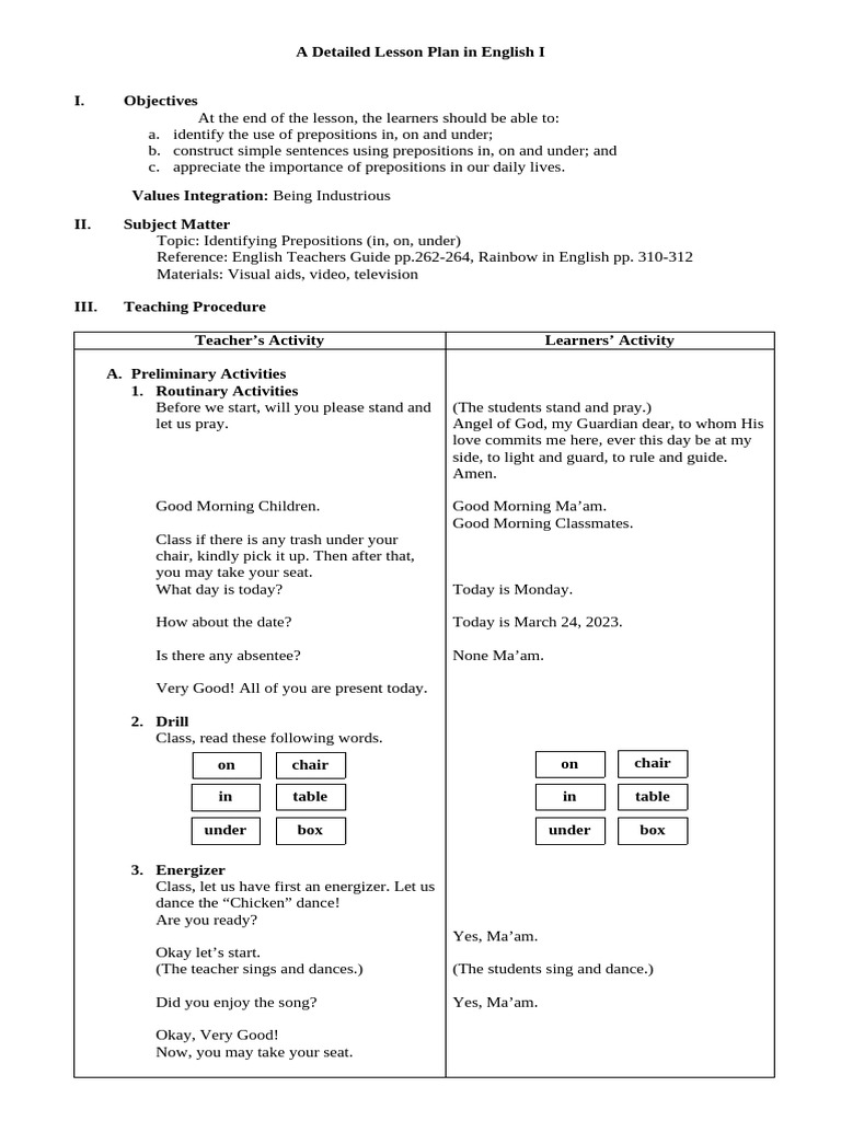 A Detailed Lesson Plan in English I | PDF | Object (Grammar) | Lesson Plan