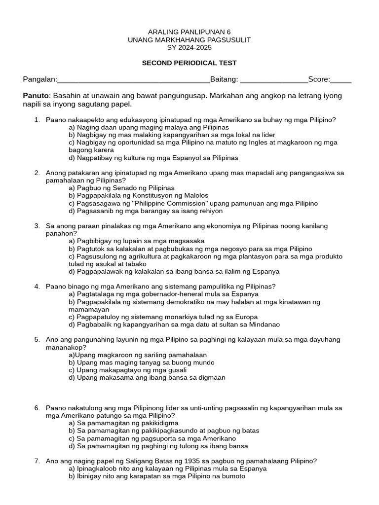 Araling Panlipunan Second Quarter Examination | PDF