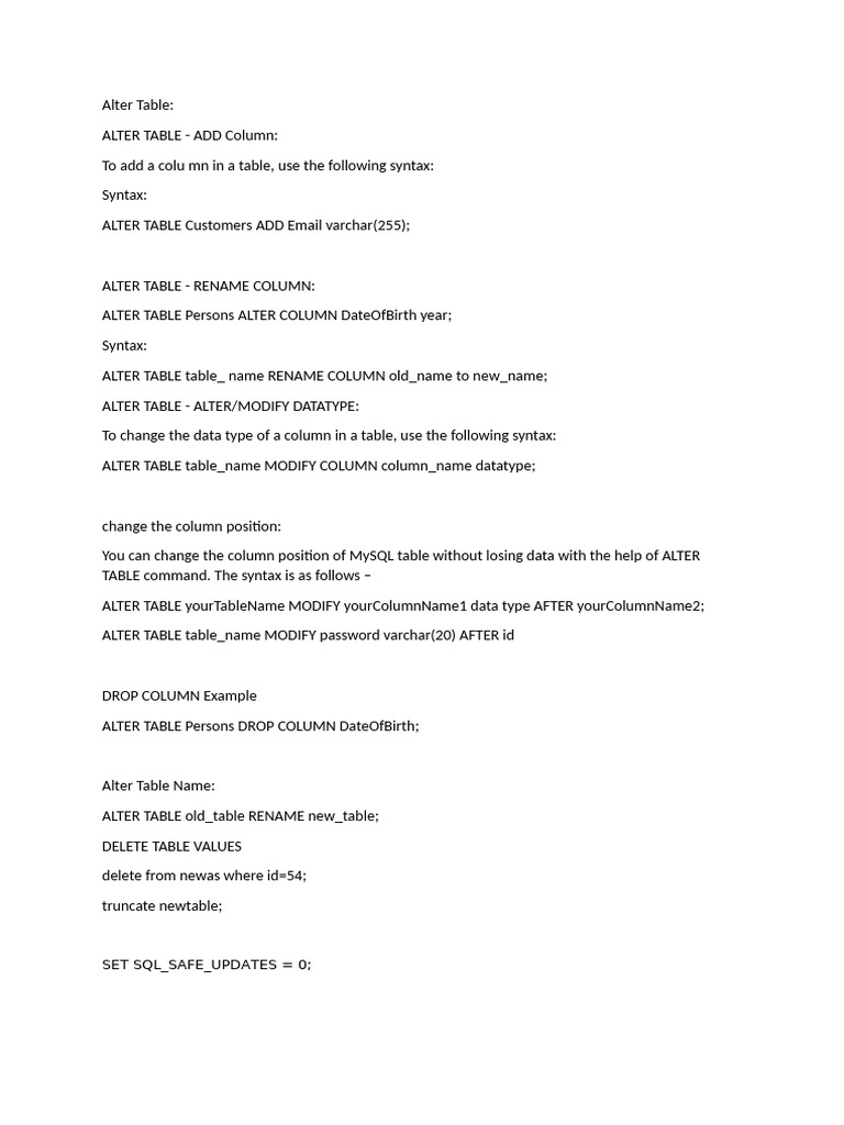 MySQL ALTER TABLE Syntax Guide | PDF