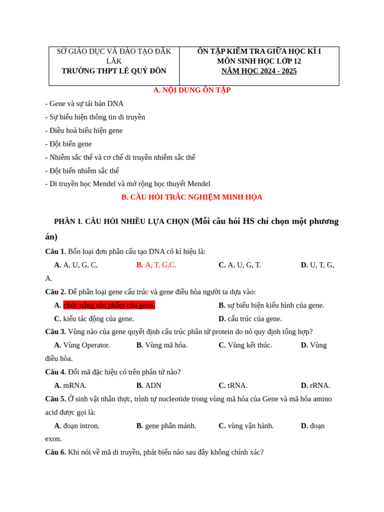 Bản Sao 24-25 - HS - ĐỀ CƯƠNG ÔN TẬP KTGK I SINH 12 | PDF