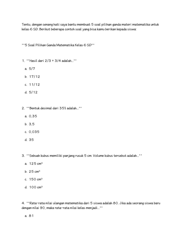 soal mtk kls 6 sd | PDF