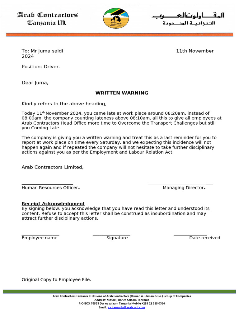 Written Warning for Late Arrival | PDF
