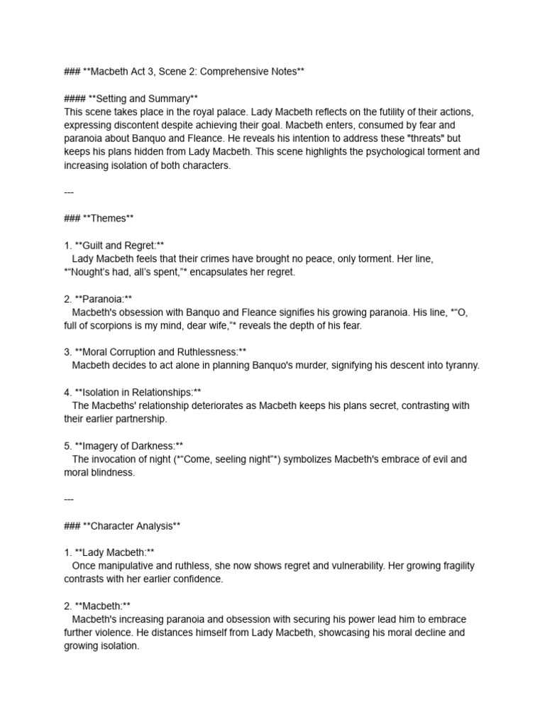 Macbeth Act 3, Scene 2 - Comprehensive Notes | PDF | Macbeth | Guilt ...