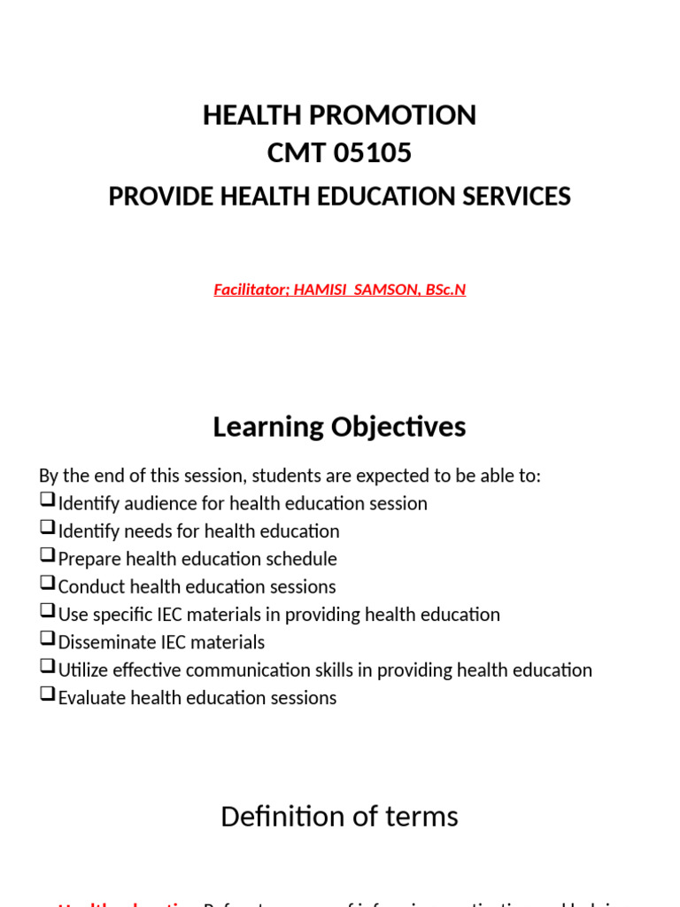 Health Promotion .SESSION 6 HEALTH EDUCATION SERVICES | PDF ...