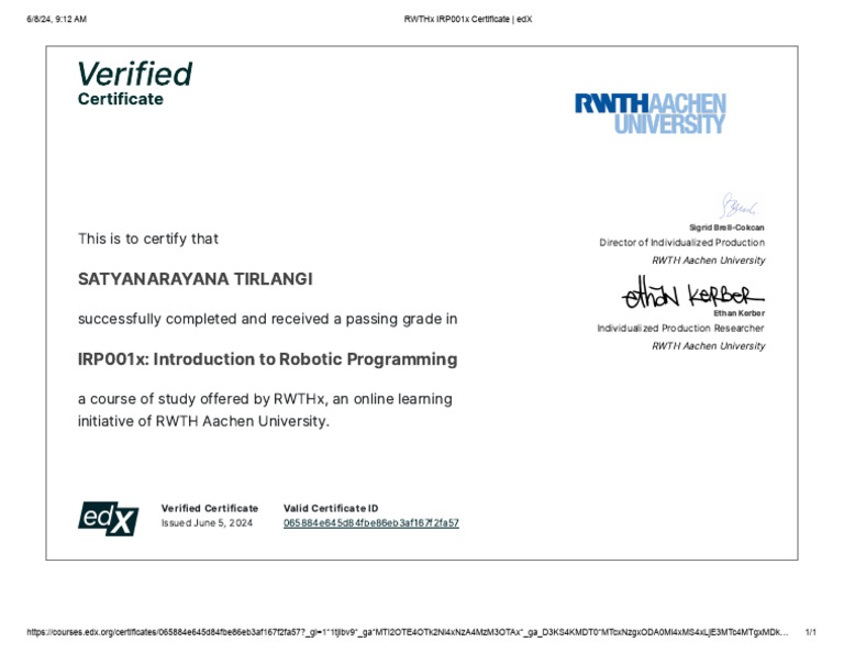 RWTHX IRP001x Certificate - EdX | PDF