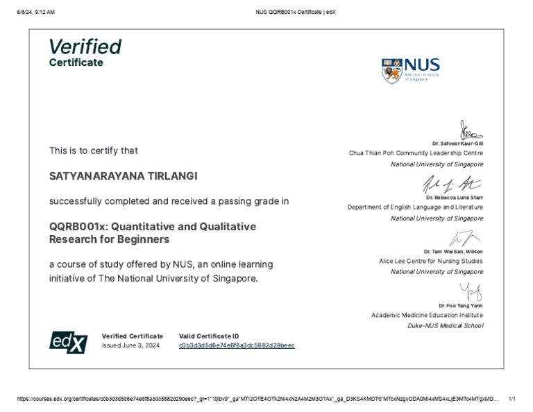 NUS QQRB001x Certificate _ EdX | PDF | Health Care | Medical Education