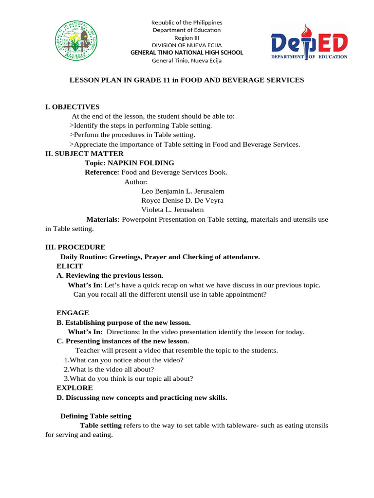 Grade 11 Food & Beverage Lesson Plan | PDF | Behavior Modification ...