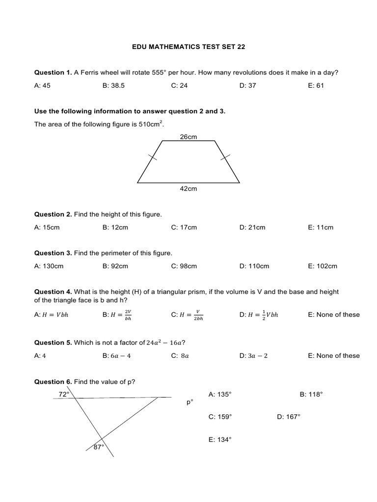 Mathematics Test Questions and Answers | PDF | Area | Geometry