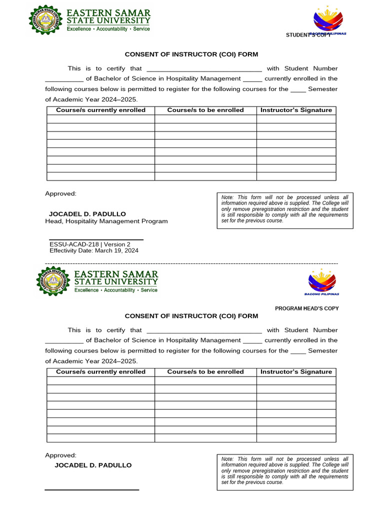BSHM COI Long Bond Paper | PDF